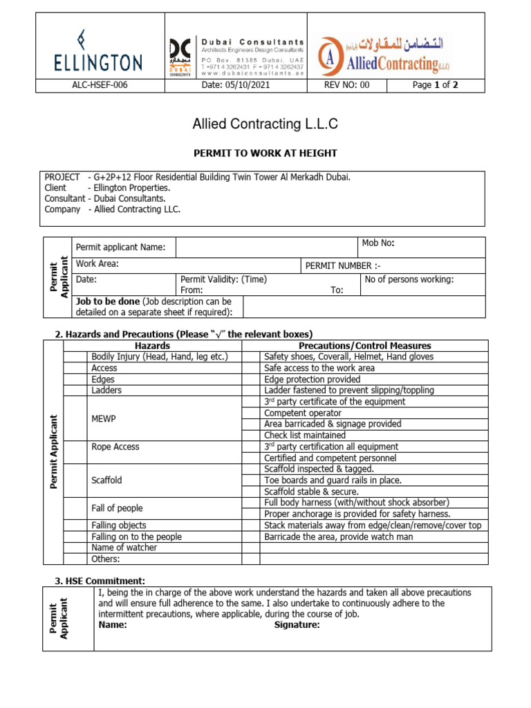 Alc-Hsef-06 - Permit To Work at Height-R00 | PDF | Safety | Scaffolding