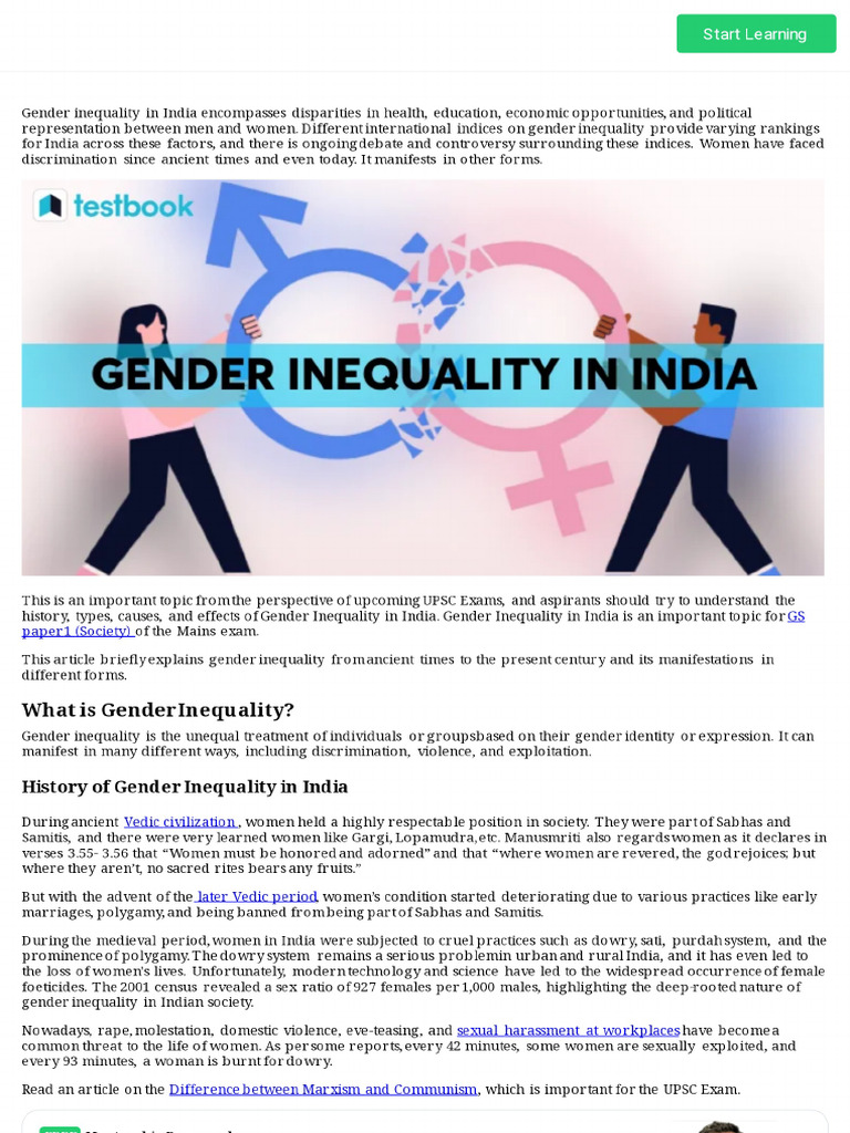 Gender Inequality in India - Causes, Impact & Possible Solutions | PDF