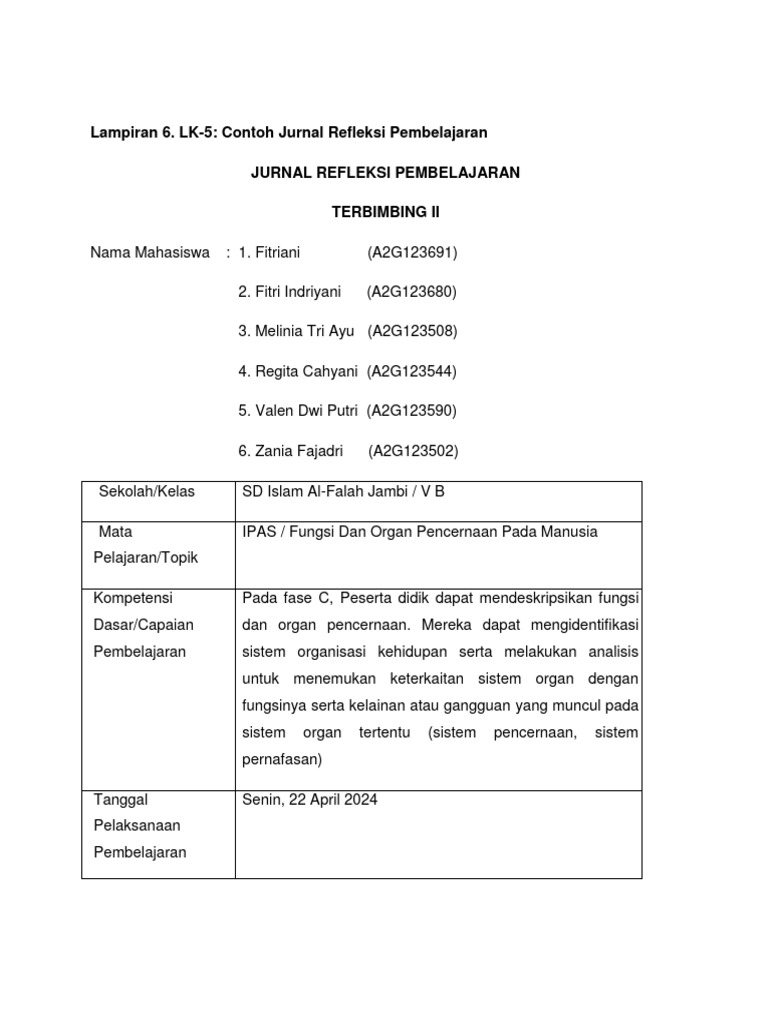 LK-5 Contoh Jurnal Refleksi Pembelajaran Terbimbing II | PDF