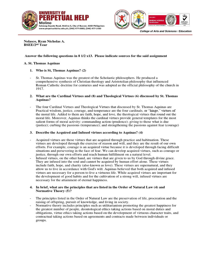 Nolasco - Assignment 1 - Finals - Virtue Ethics | PDF | Virtue | Thomas Aquinas