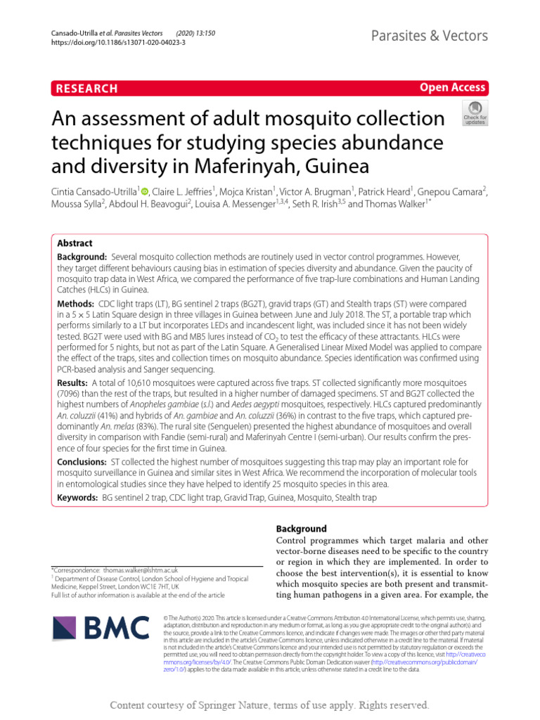 An Assessment of Adult Mosquito Collection Techniq | PDF | Polymerase ...