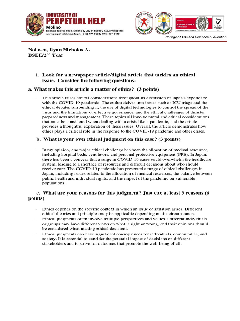 Nolasco - Midterm Assignment 1 - The Ethical Dimension of Human Existence | PDF