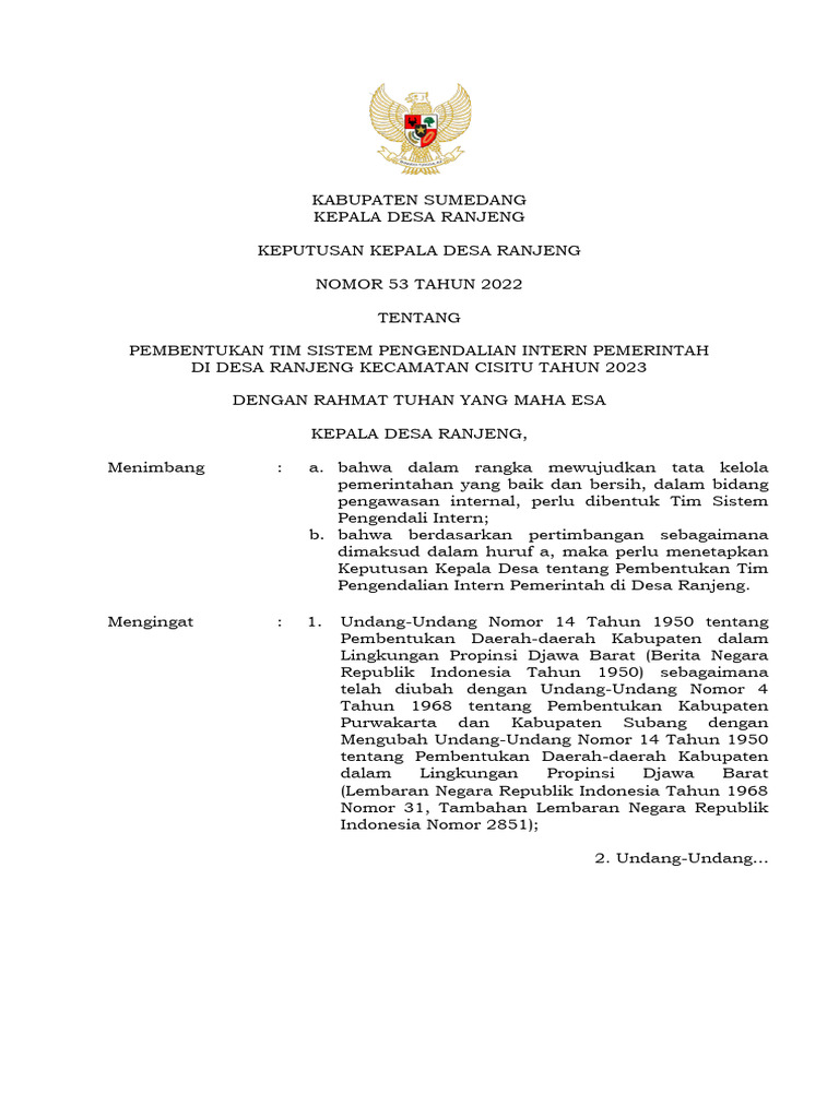 SK Pembentukan Tim Sistem Pengendalian Intern Pemerintah | PDF