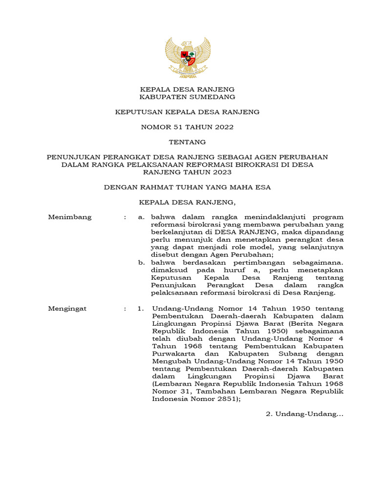 Penunjukan Agen Perubahan Desa Ranjeng | PDF