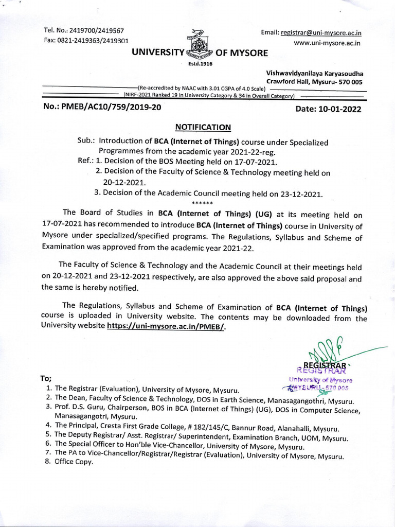 BCA IoT Course Regulations 2021 | PDF | Relational Database | Databases