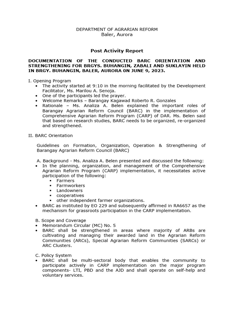 PTR BARC Orientation Malou | PDF | Agriculture | Empowerment