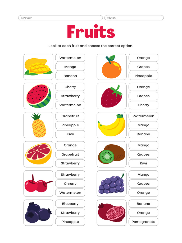 Colorful Illustrative Fruits Vocabulary Worksheet | PDF | Fruit | Cooking