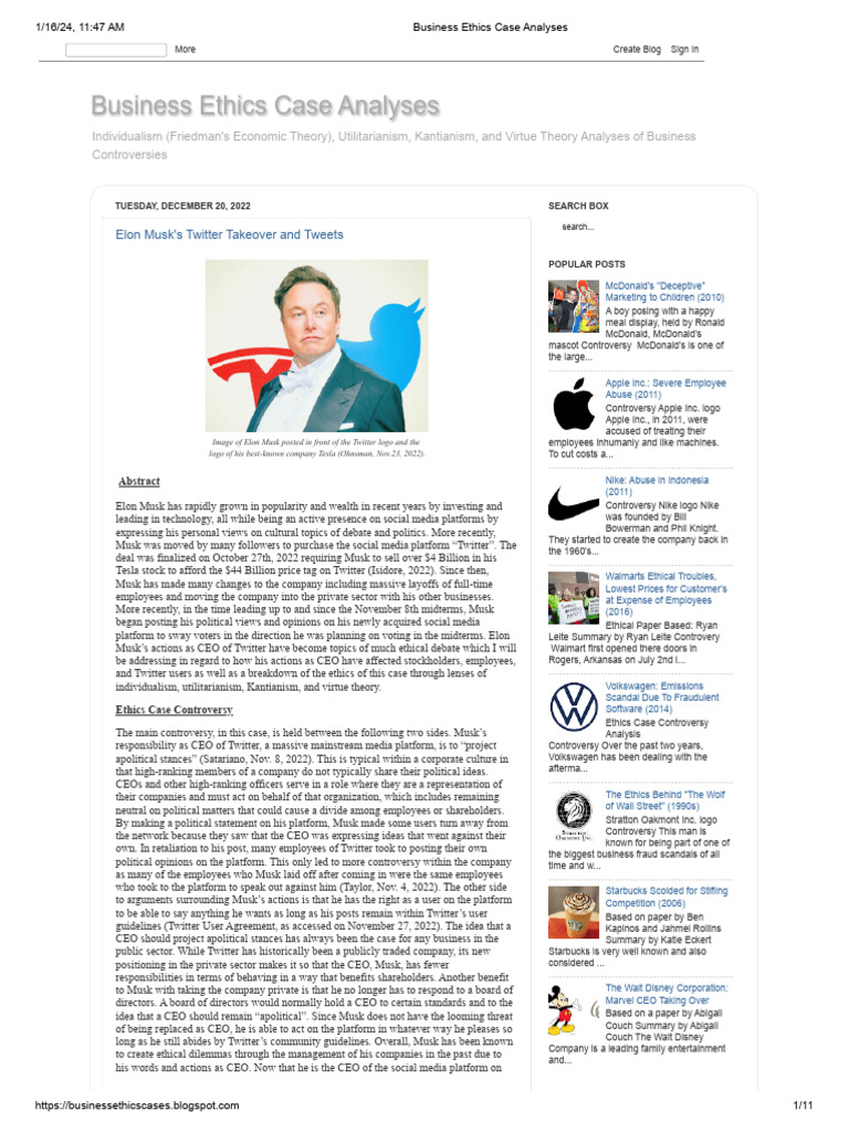 Business Ethics Case Analyses | PDF | Elon Musk