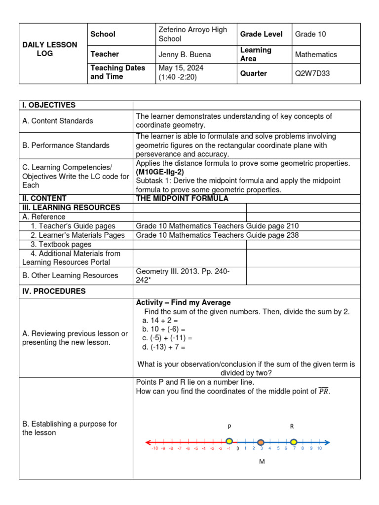 Grade 10 Midpoint Formula Lesson Plan | PDF | Geometry | Mathematics