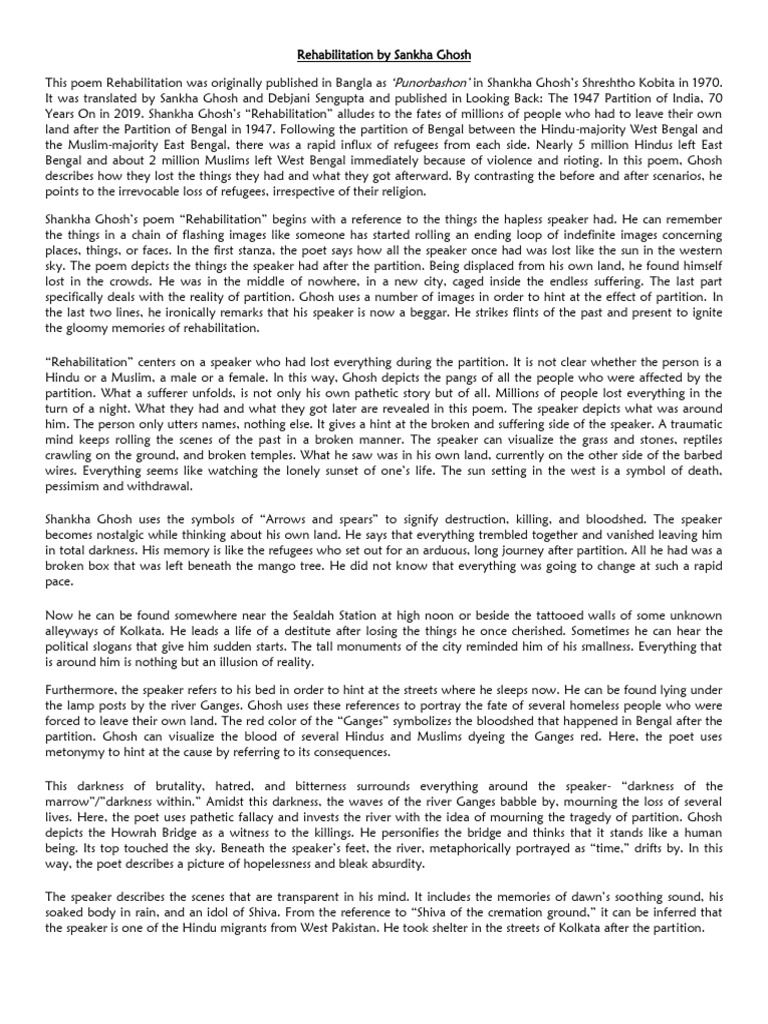Rehabilitation by Sankha Ghosh overall | PDF | Partition Of India