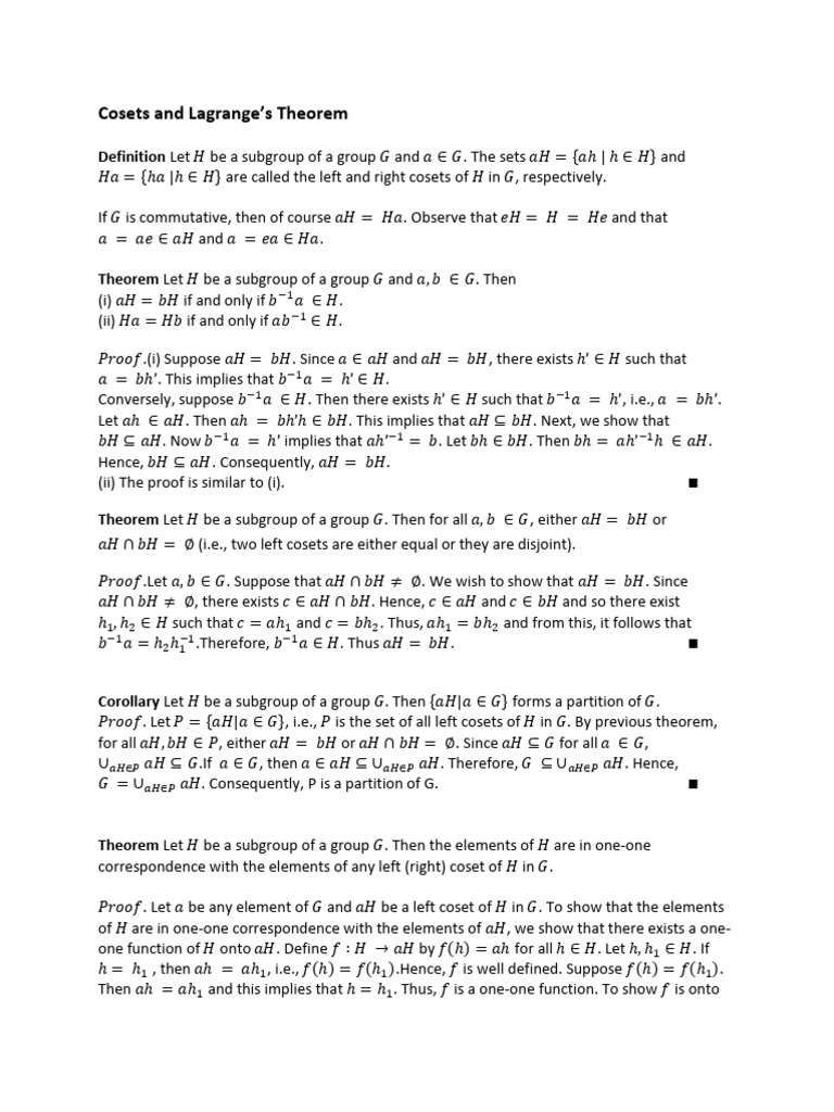 Cosets and Lagrange's Theorem | PDF | Group (Mathematics) | Mathematics Cosets and Lagrange's Theorem | PDF | Group (Mathematics) | Mathematics