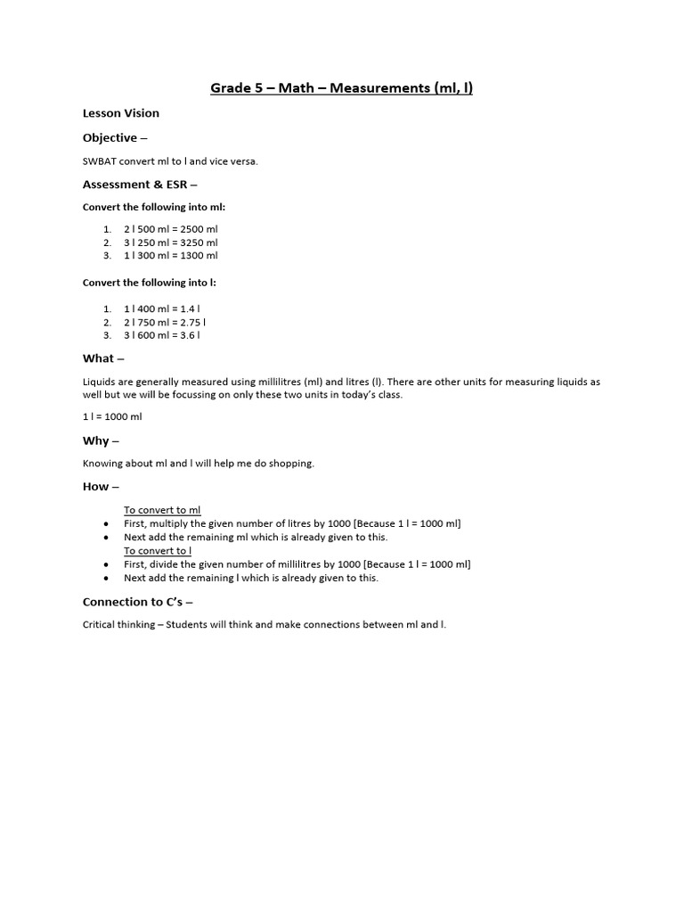 Math Lesson Plan - Measurements (ML, L) | PDF | Litre