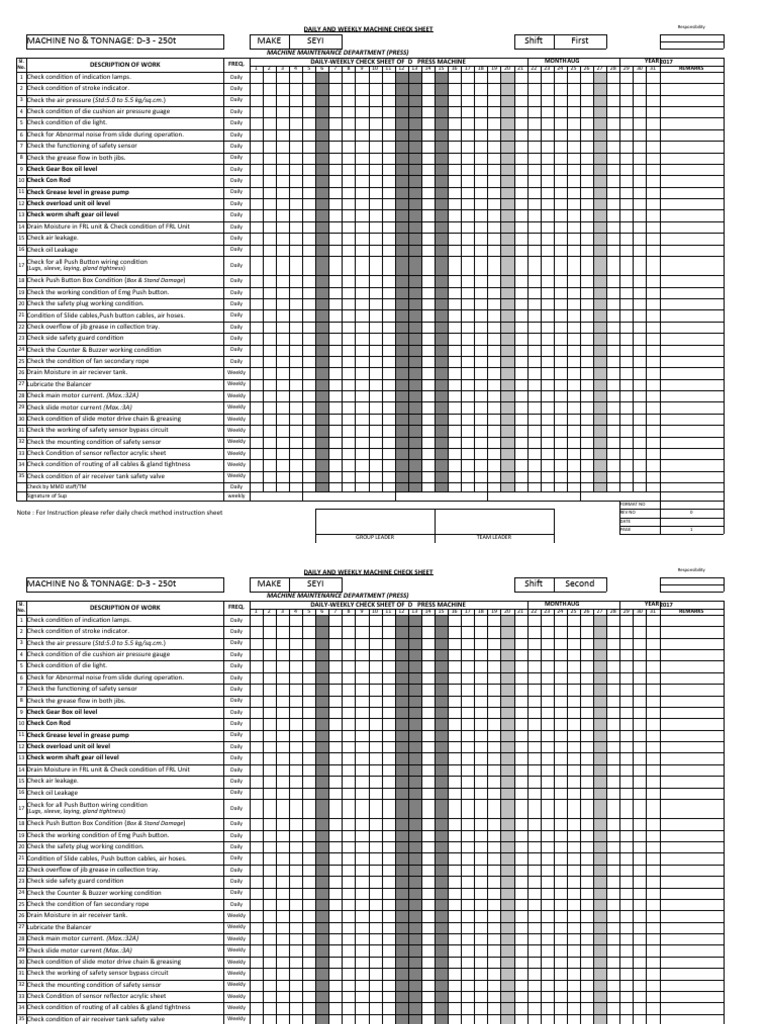 Daily and Weekly Machine Check Sheet | PDF | Switch | Equipment