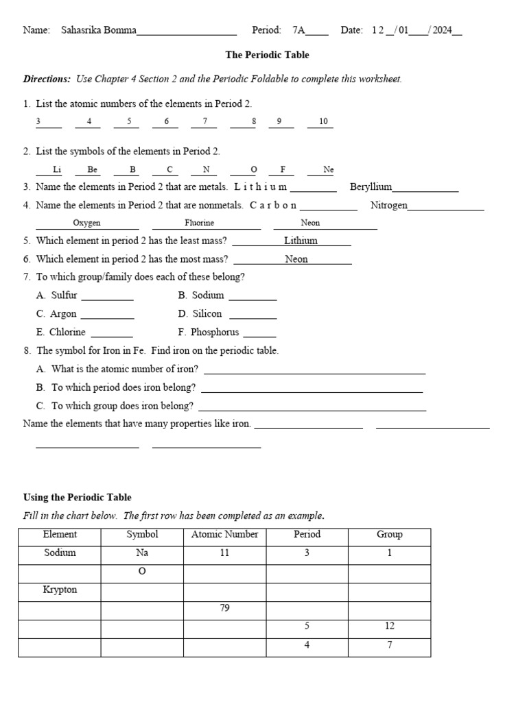 Periodic Table Worksheet | PDF | Chemical Elements | Periodic Table