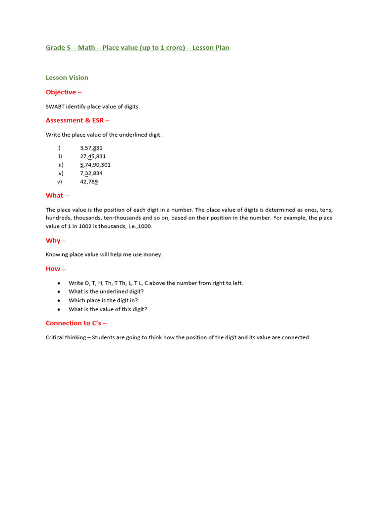 Math Lesson Plan - Place Value | PDF | Cognition