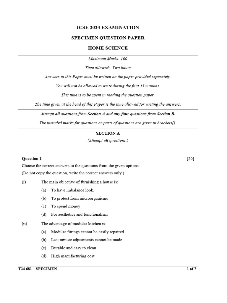 ICSE Home Science Question Paper 2024 | PDF
