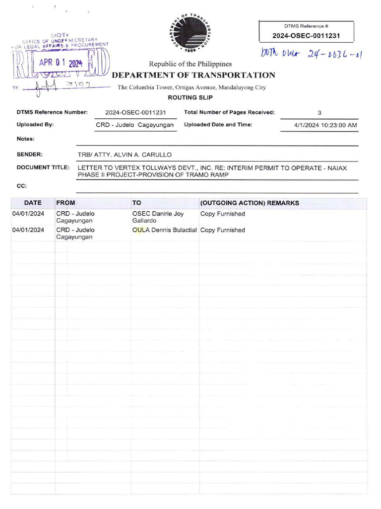 DOTR-OULA 24-0036-01 IN-4 (TRB) LETTER TO VERTEX TOLLWAYS DEVT., INC ...