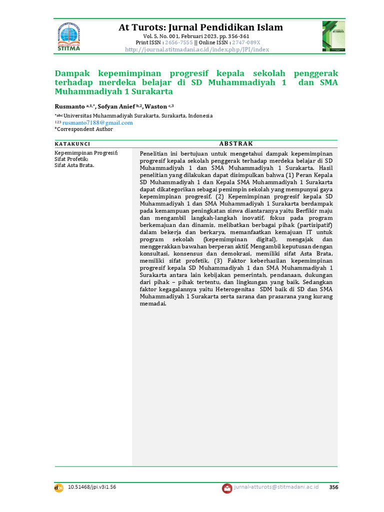 356-361 - Rusmanto - Dampak Kepemimpinan Progresif Kepala Sekolah ...
