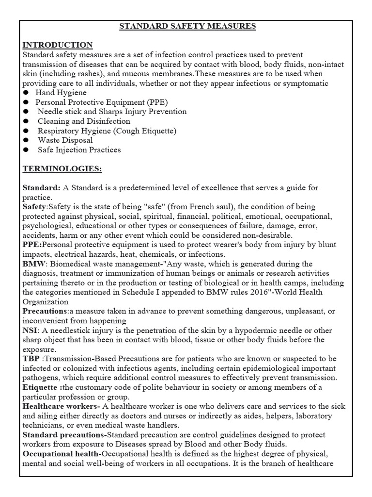 Standard Safety Measures in Nursing | PDF | Infection | Safety