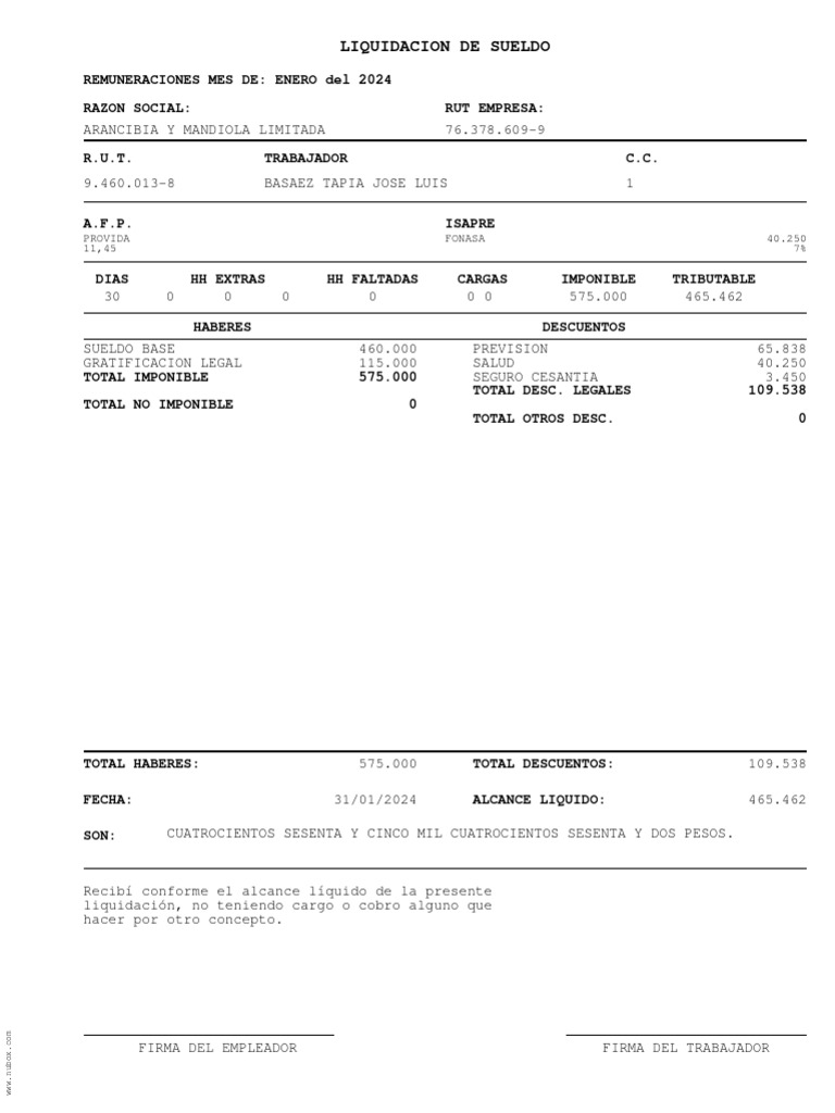 Reporte de Liquidaciones ARANCIBIA Y MANDIOLA 01-2024 | PDF | Pensión ...