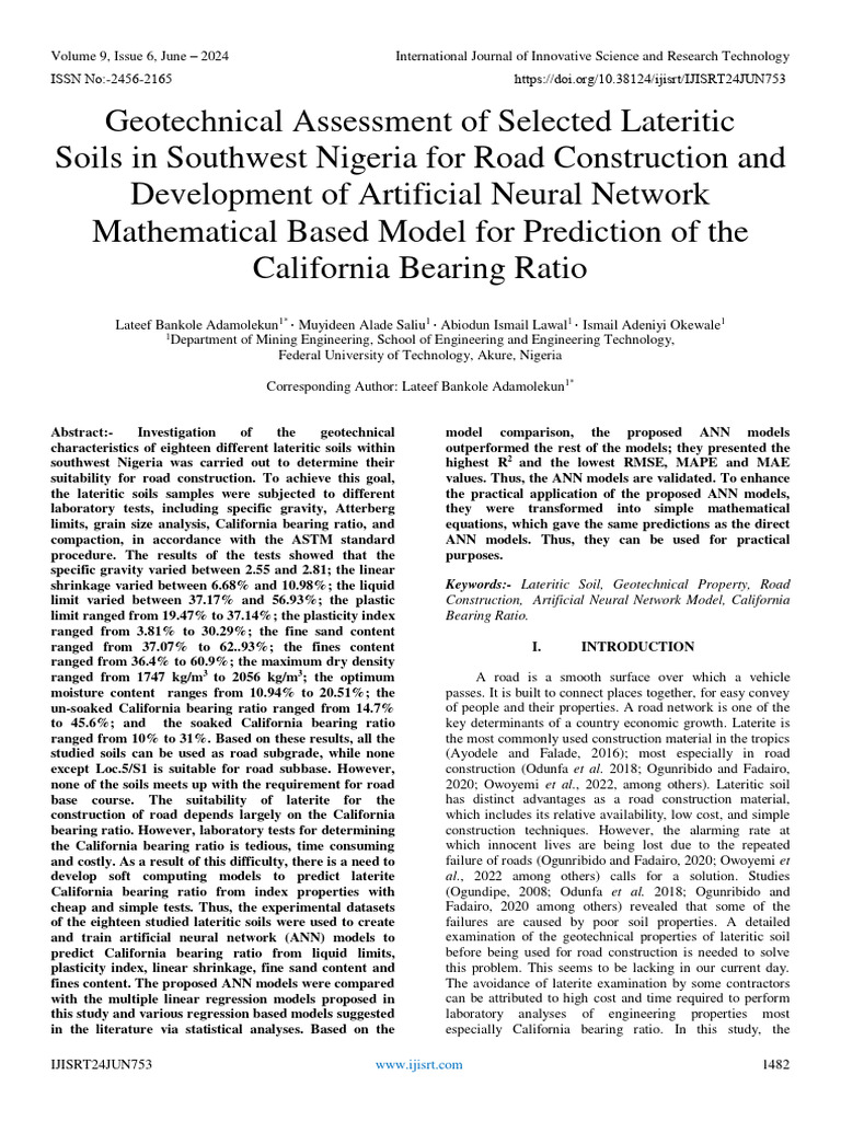 Geotechnical Assessment of Selected Lateritic Soils in Southwest Nigeria for Road Construction ...