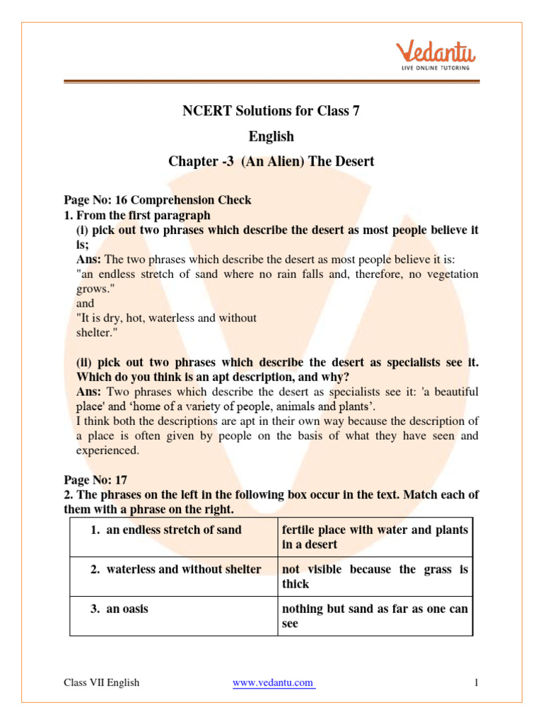Class 7 English An Alien Hand Chapter 3 | PDF | Desert | Water