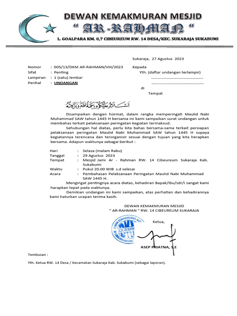 Surat Undangan Maulid DKM AR RAHMAN 2023 | PDF