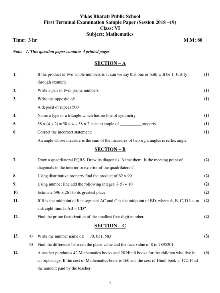 Sample PAPER Class Vi Mathematics (2018-19) | PDF | Geometry | Euclidean Geometry