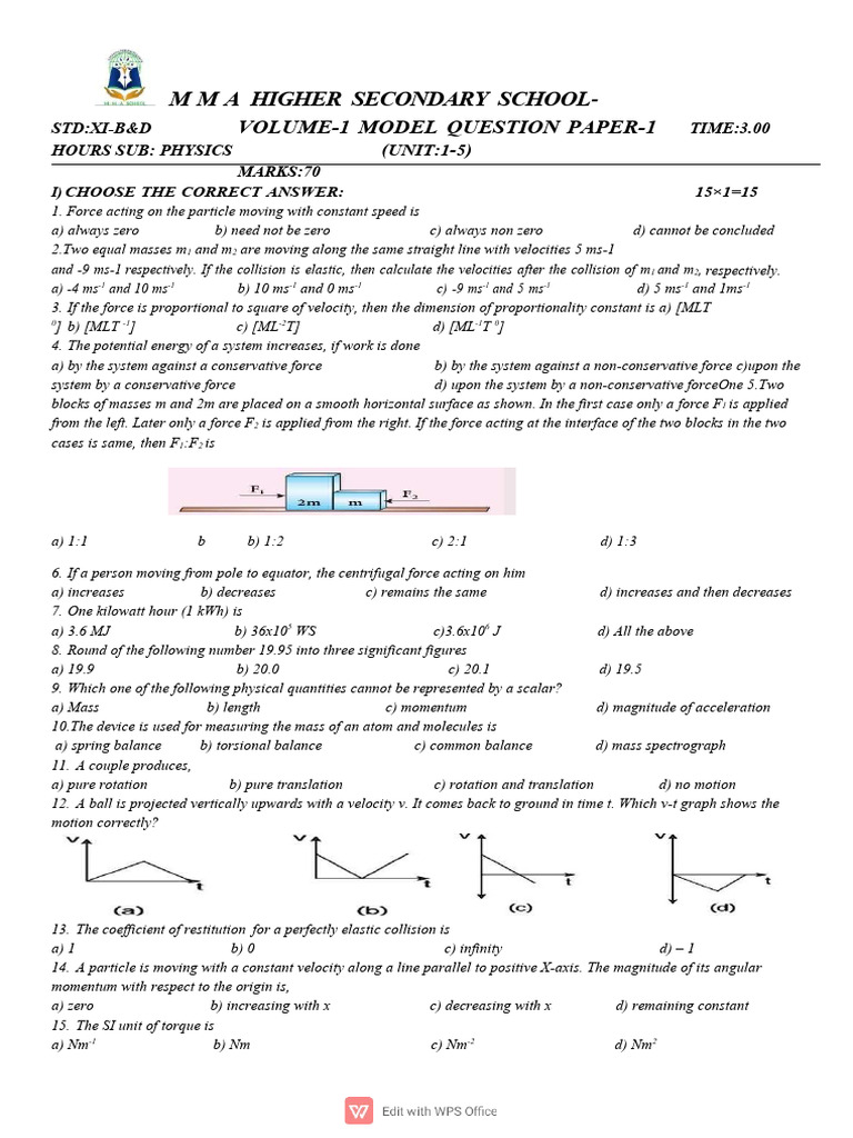 Namma Kalvi 11th Physics Volume 1 Model Question Paper EM 221346 | PDF ...