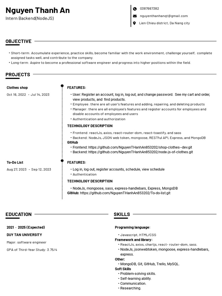 CV Intern Backend NodeJS NguyenThanhAn | PDF | Computing | Software Engineering