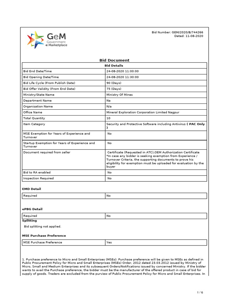 GeM Bidding 1823879 | PDF | Antivirus Software | Microsoft Windows