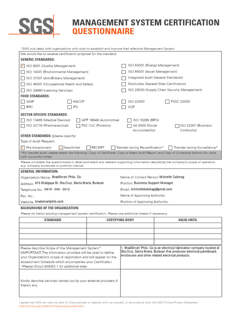 SGS-CBE-PH-Questionnaire Form-A4-EN-18-11 | PDF | Business