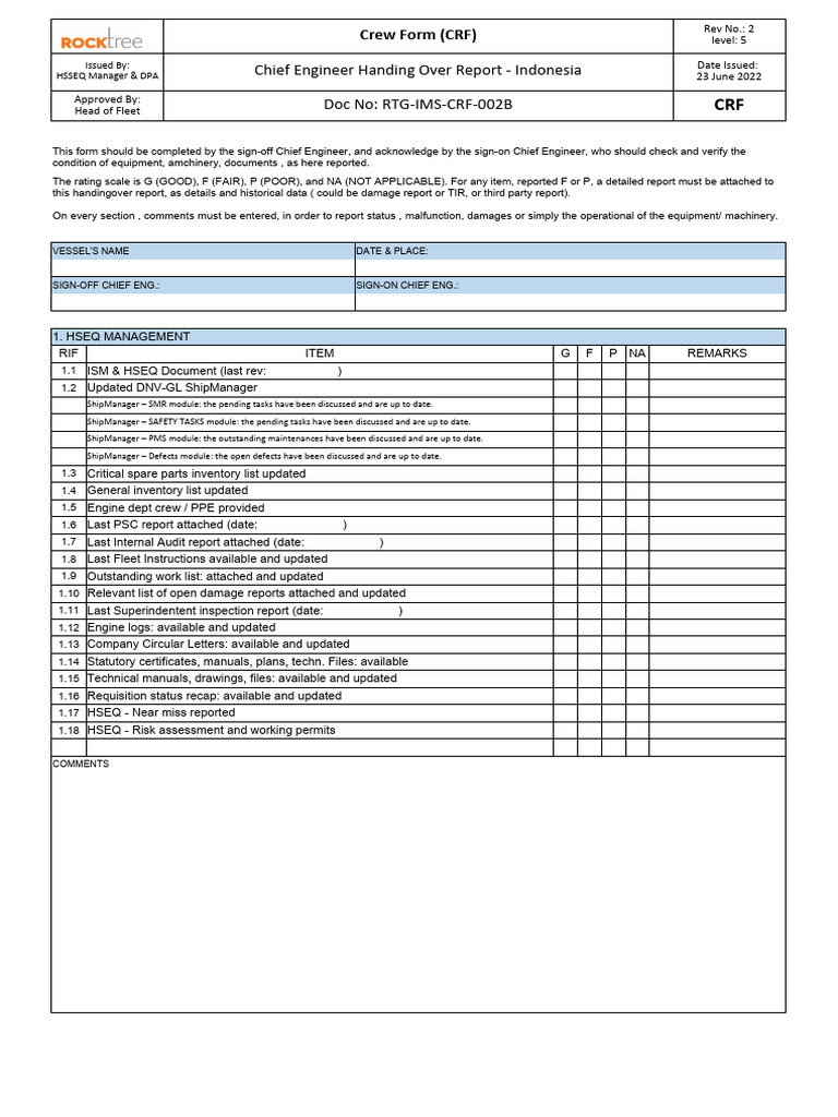 RTG-IMS-CRF-002B-Chief Engineer Handing Over Report - Indonesia - Rev 2 ...