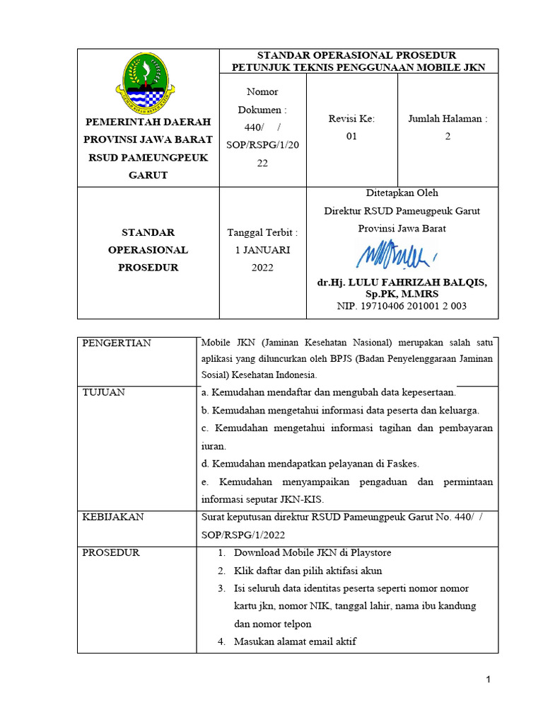 SOP Penggunaan Mobile JKN RSUD Pameungpeuk | PDF