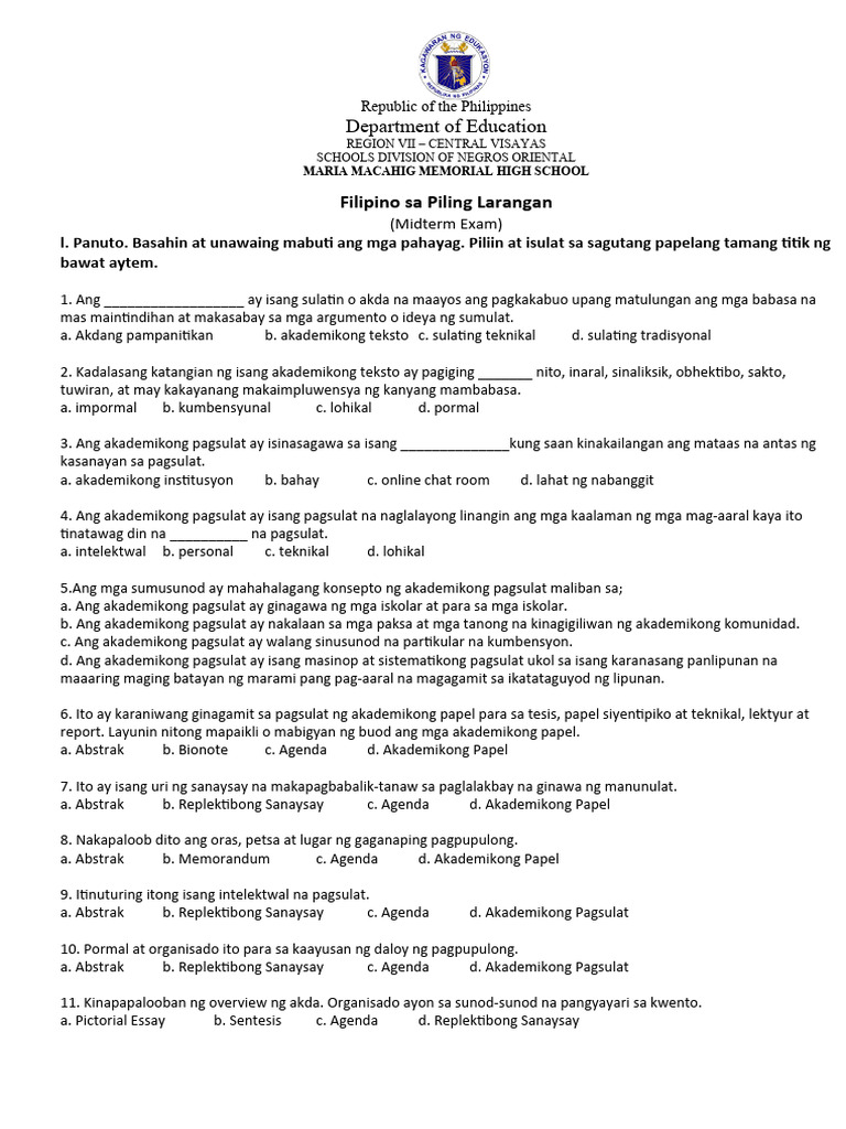 Piling Larangan Midterm Exam | PDF