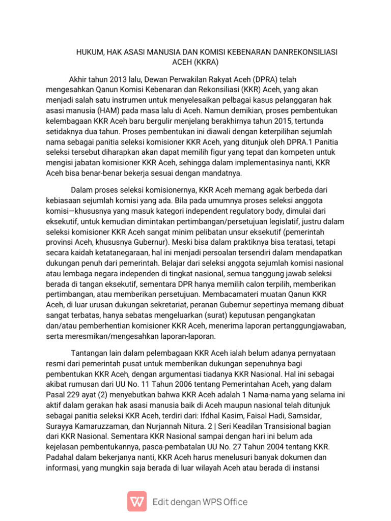 Hukum, Hak Asasi Manusia Dan Komisi Kebenaran Dan Rekonsiliasi Aceh (Kkra) | PDF