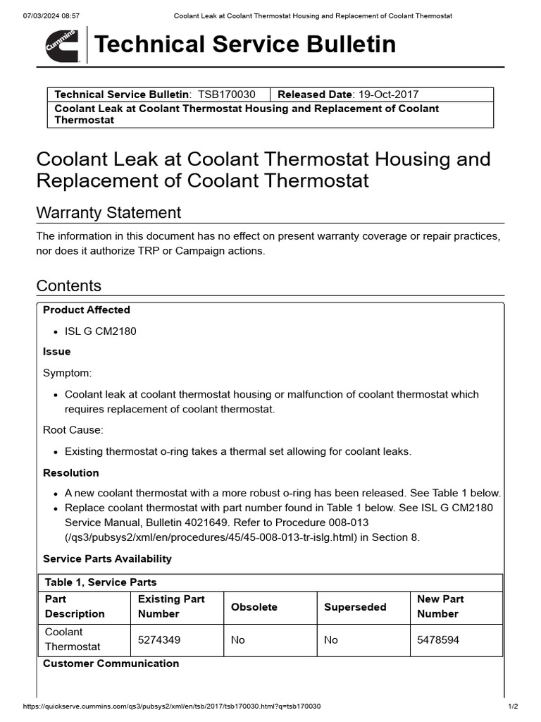 Coolant Leak At Coolant Thermostat Housing And Replacement Of Coolant