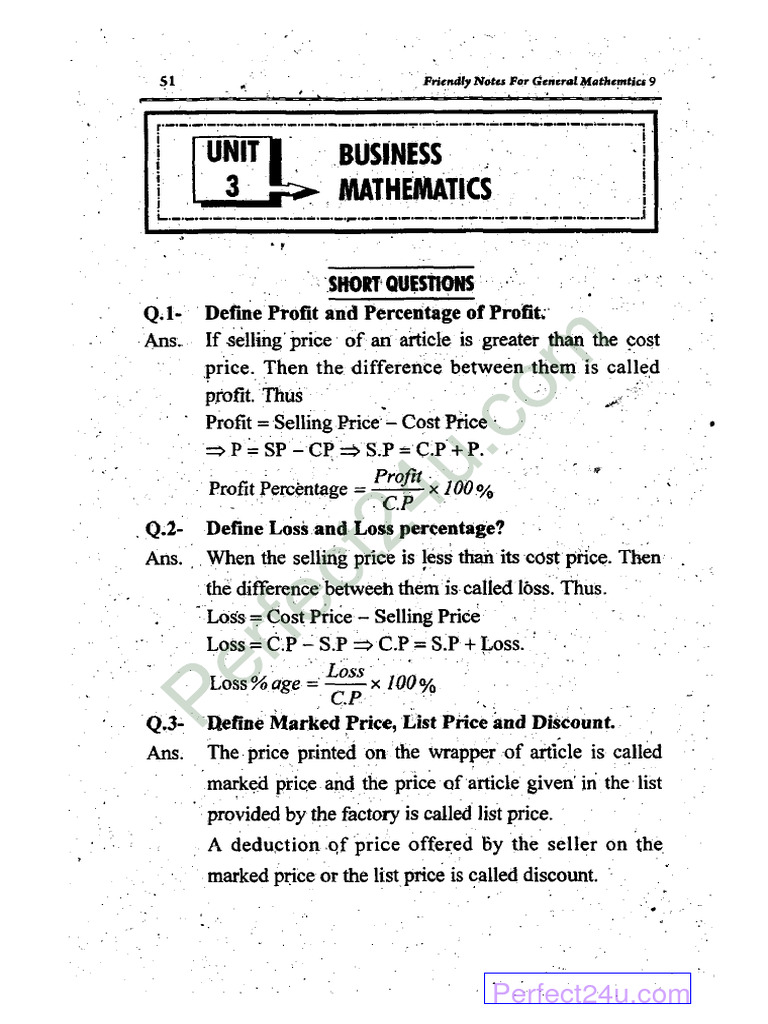 General Mathematics Class 9 Punjab Textbook Board Pdf Unit03 Business Mathematics Pdf