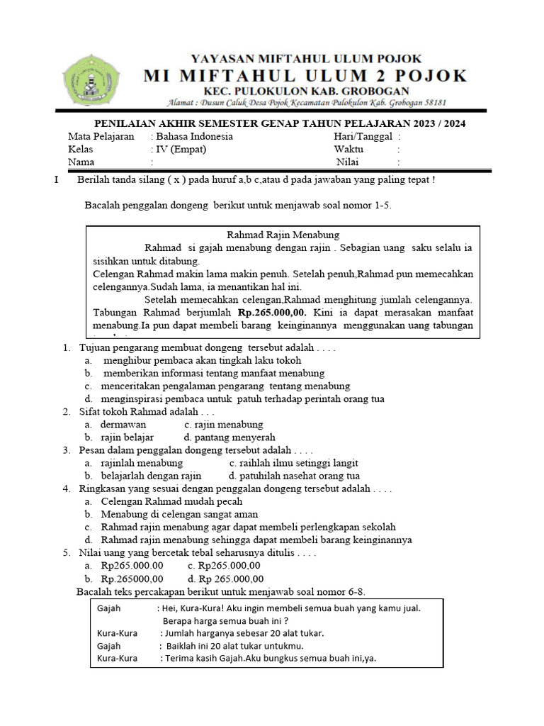 Soal Bhs Indonesia Kls 4 Mi Miftahul Ulum 2 Pojok 2024 | PDF | Seni & Disiplin Bahasa | Kajian ...