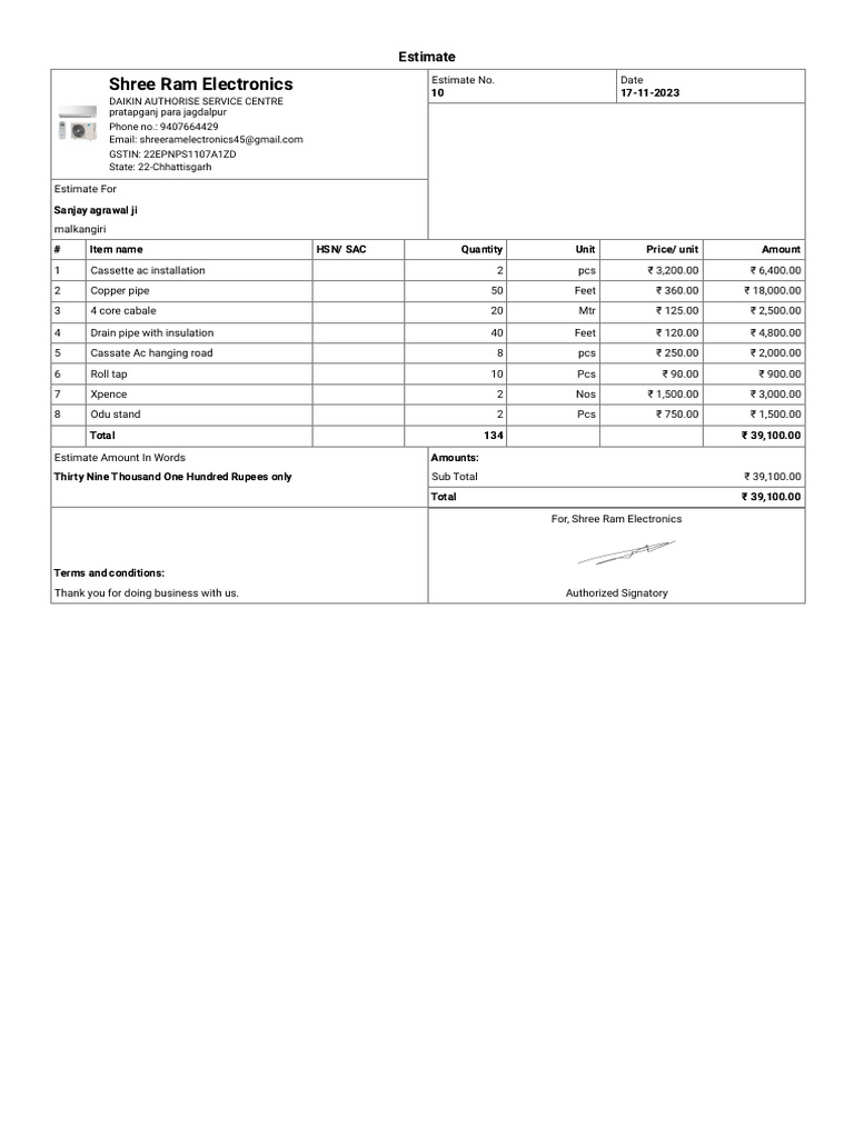 Cassette Ac Fitting Charges | PDF | Rupee | Economy Of Asia