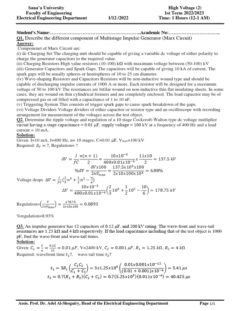 Med3 - High Voltage (2) 2022-2023 - WithAnswers | PDF | Capacitor ...
