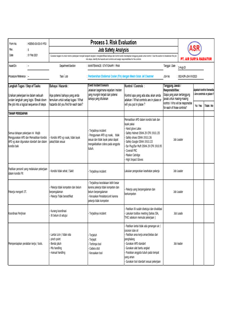 Jsa Eksternal Cleaning Menggunakan Jet Pump Diesel | PDF