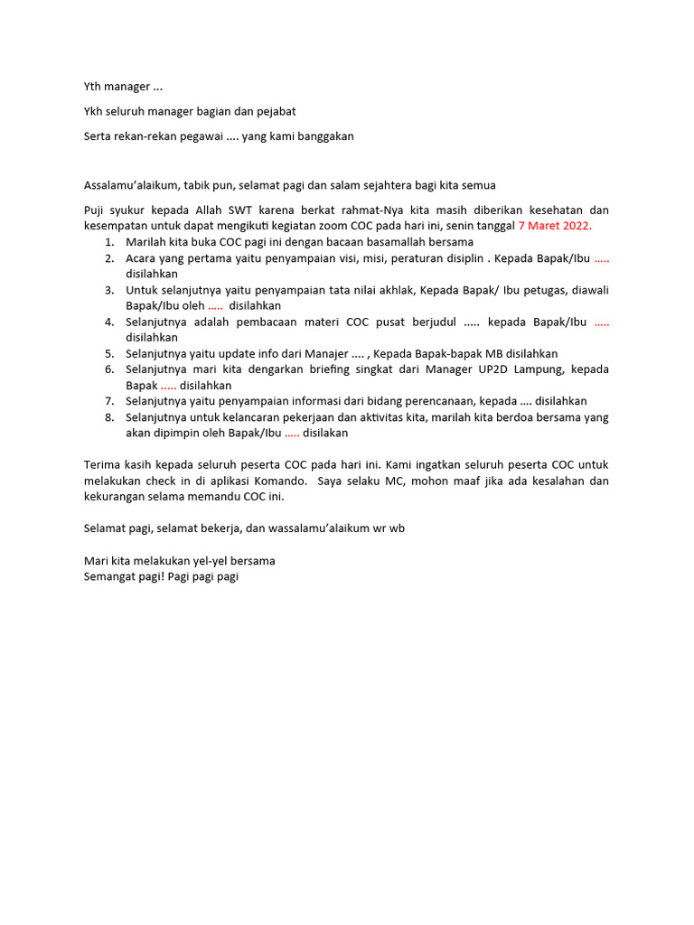Teks Pembukaan MC Zoom COC | PDF