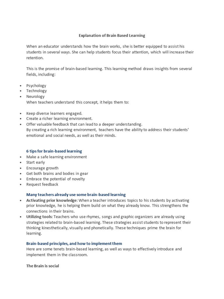 LECTURE 5 READING Explanation of Brain Based Learning | PDF | Learning ...