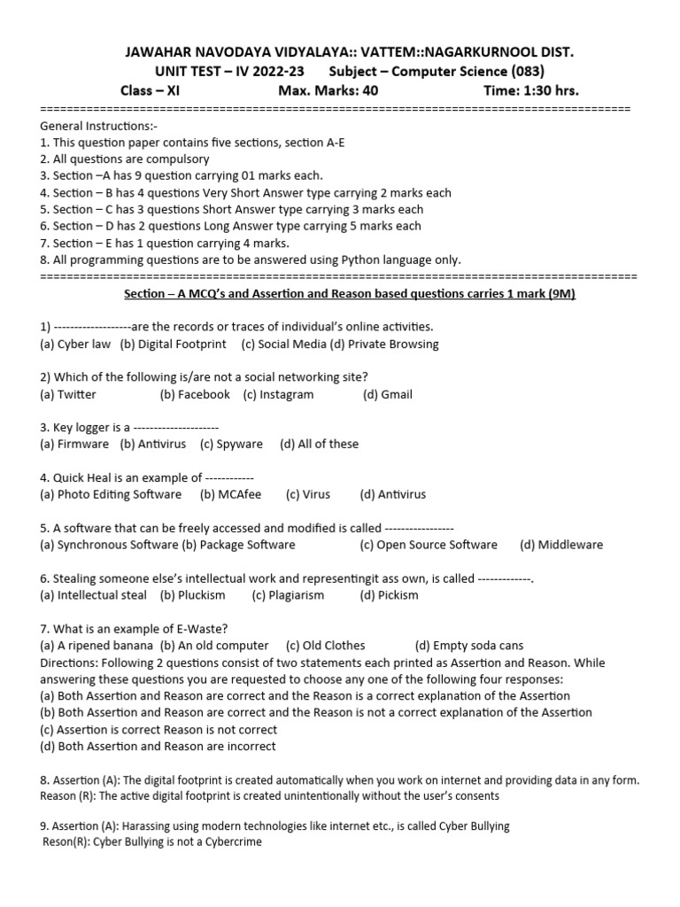Xi CS Ut-Iv 2022-23 QP | PDF | Cybercrime | Computer Science