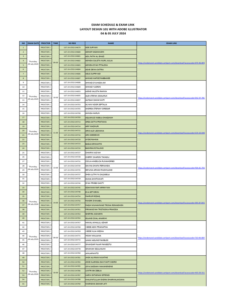Exam Schedule & Link ACP Illustrator - 4&5 July 2024 | PDF