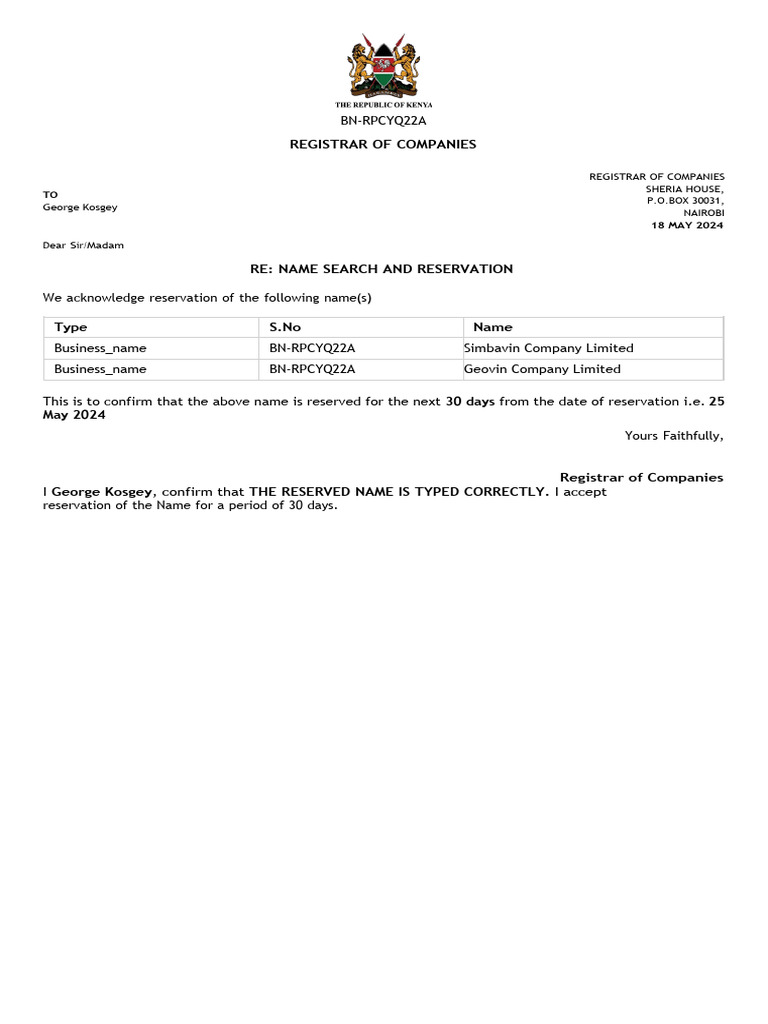 Name Reservation Confirmation Letter | PDF