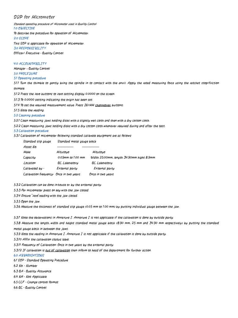 SOP For Micrometer - Pharmaguideline | PDF | Calibration | Metrology