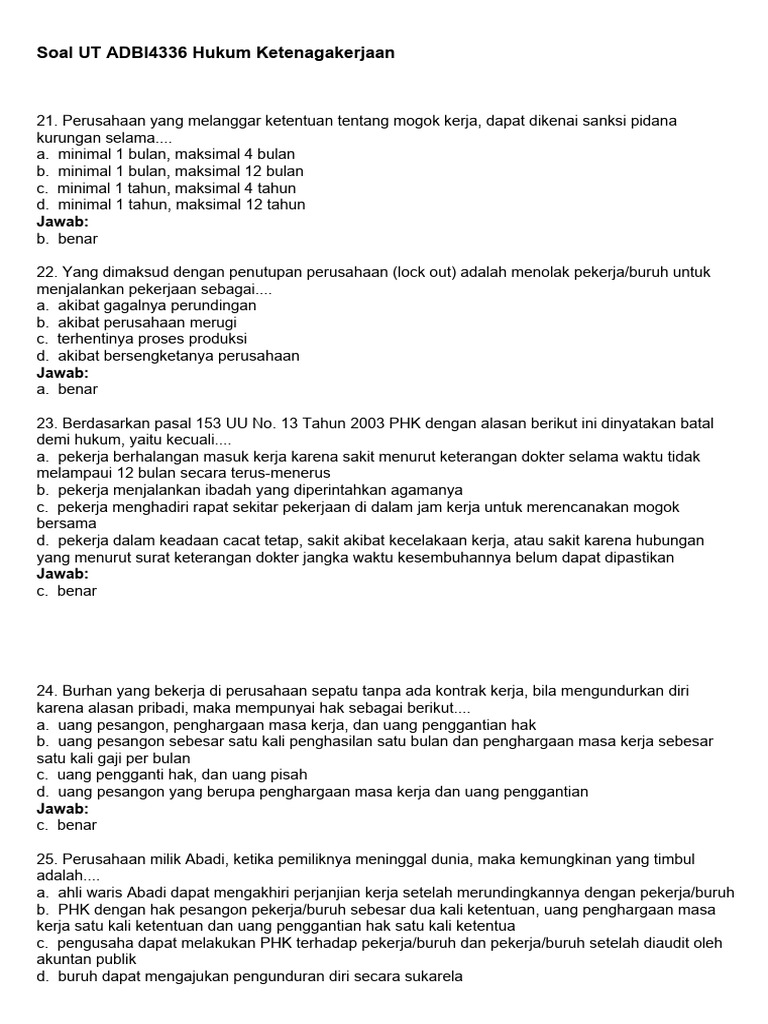 Soal UT ADBI4336 Hukum Ketenagakerjaan - 2 | PDF | Pengelolaan Keuangan & Uang | Hukum