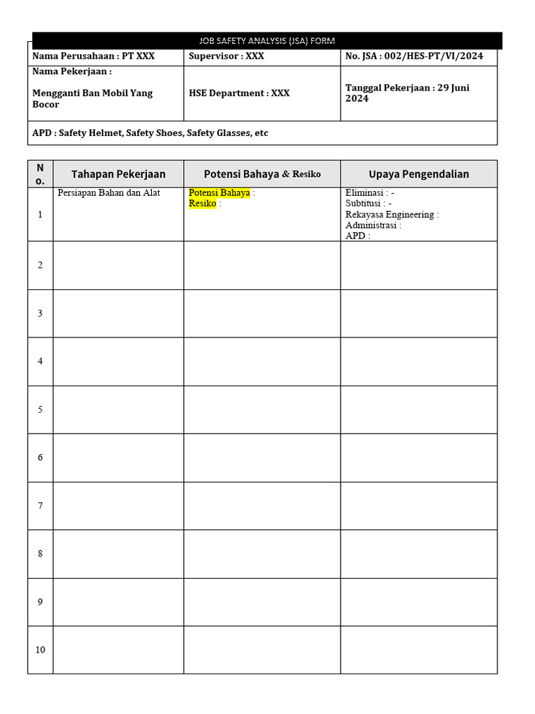 Form JSA-1 | PDF | Teknologi & Rekayasa